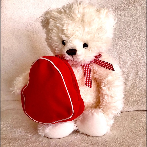 Hallmark | Toys | Fluffy White Teddy Bear W Zippered Red Heart Bag ...